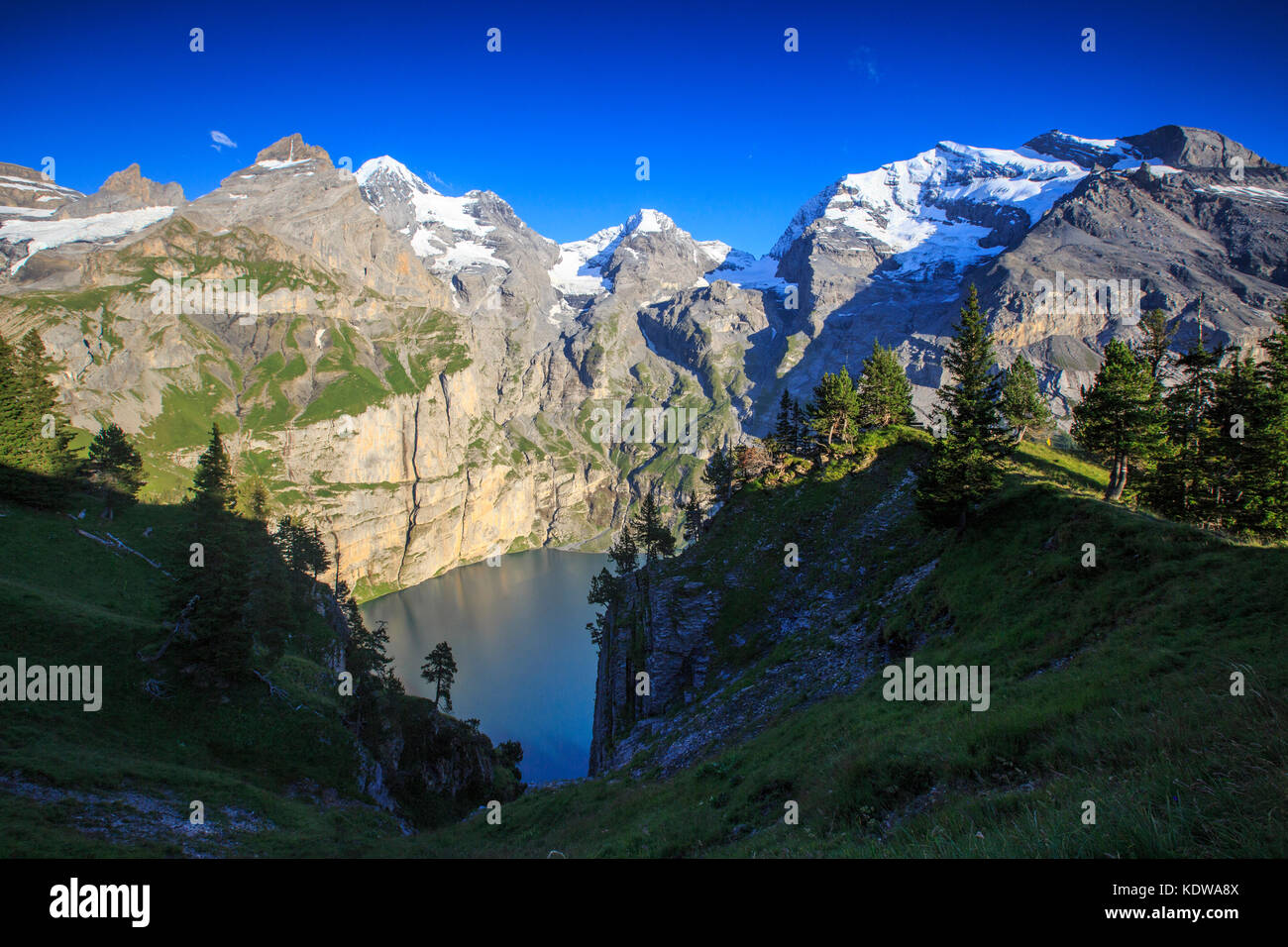 Summer view of Lake Oeschinensee Bernese Oberland Kandersteg Canton of ...