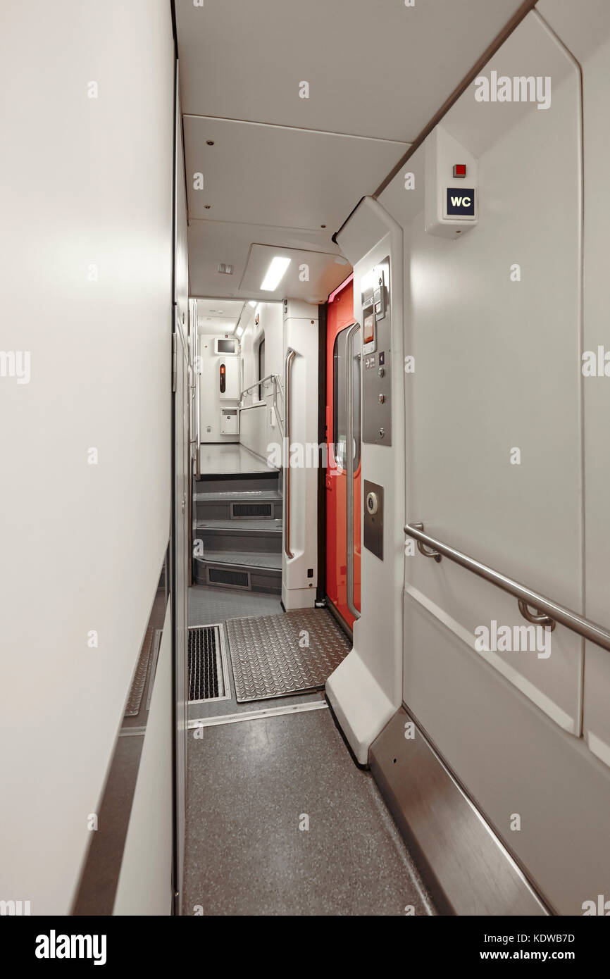 Sleeper wagon train corridor indoor. First floor. Transportation ...