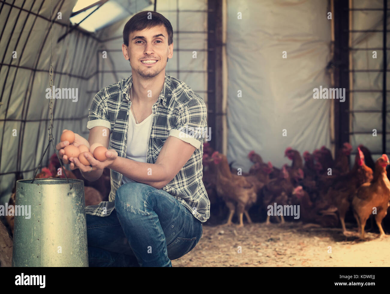 Young cheerful russian man picking fresh eggs in chicken house Stock ...