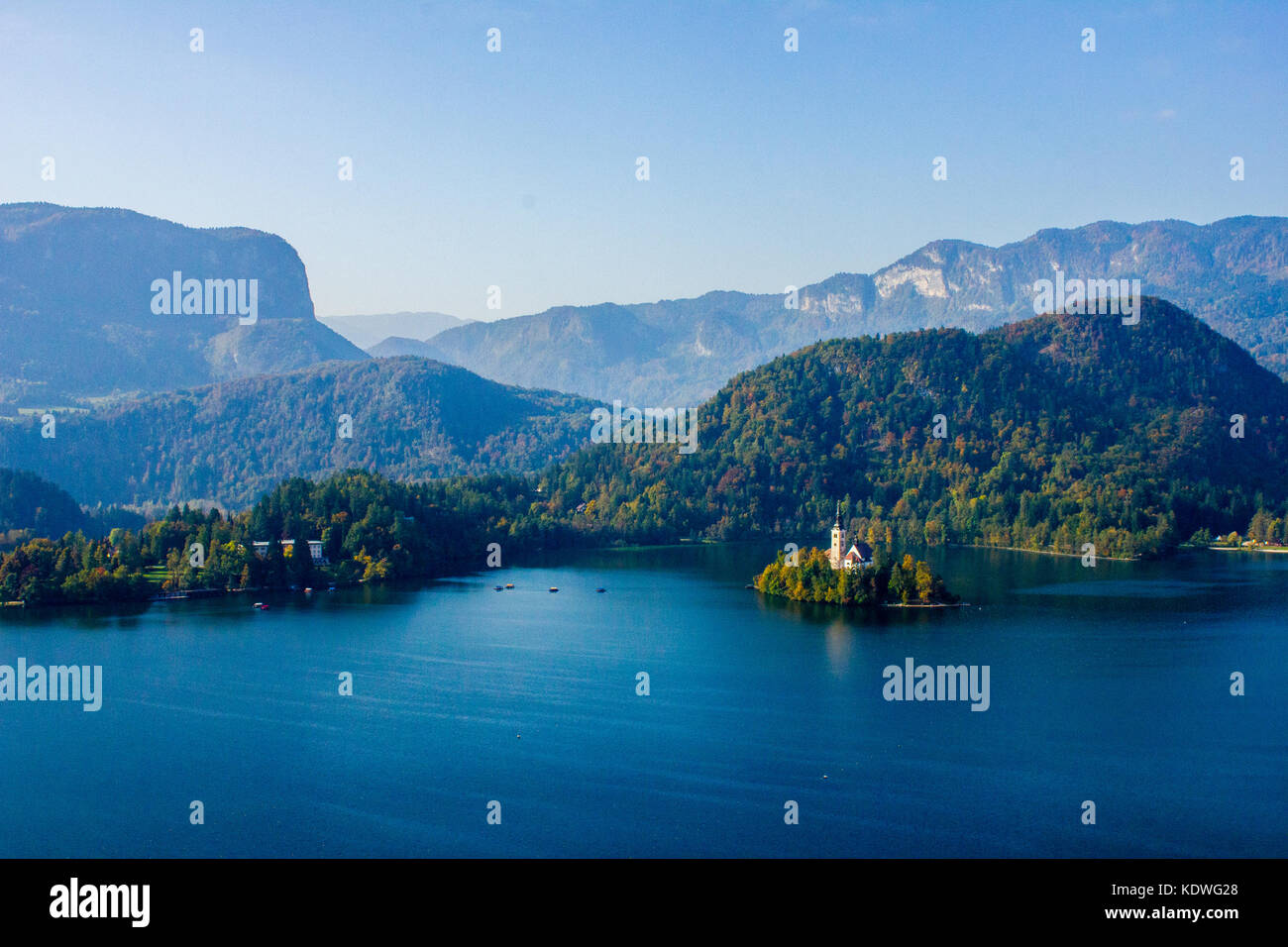 Lake of Bled, Slovenia, with a view from the island and its church ...