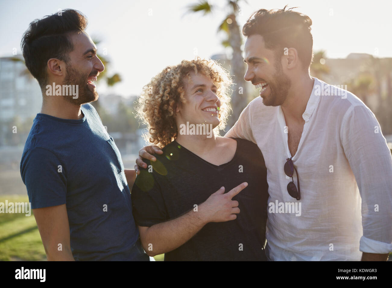 Portrait of three male friends talking together outside laughing Stock ...