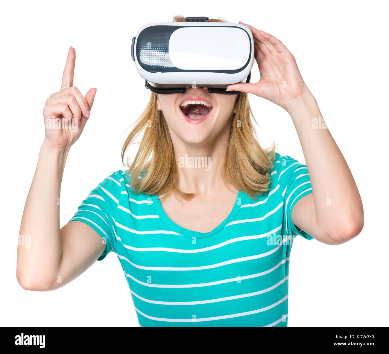 Woman wearing virtual reality goggles watching movies or playing video ...