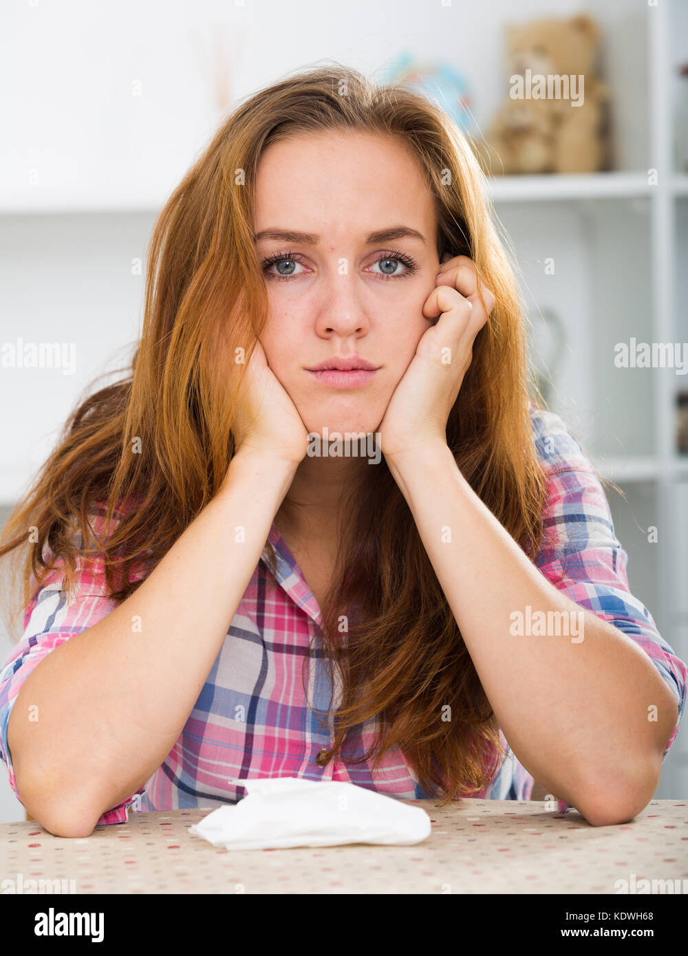 sad girl with chestnut hair and handkerchief crying Stock Photo - Alamy