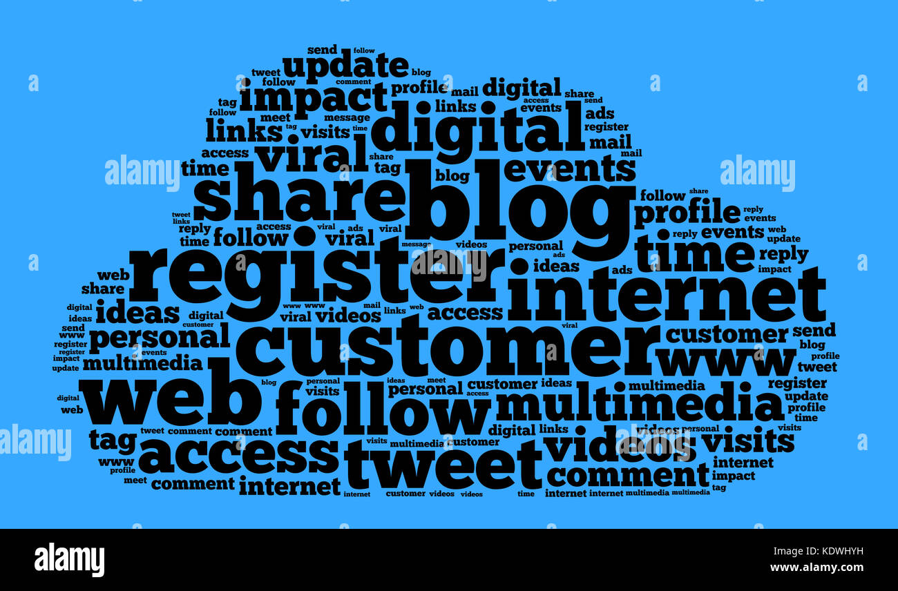 Blog word cloud concept over blue background Stock Photo - Alamy