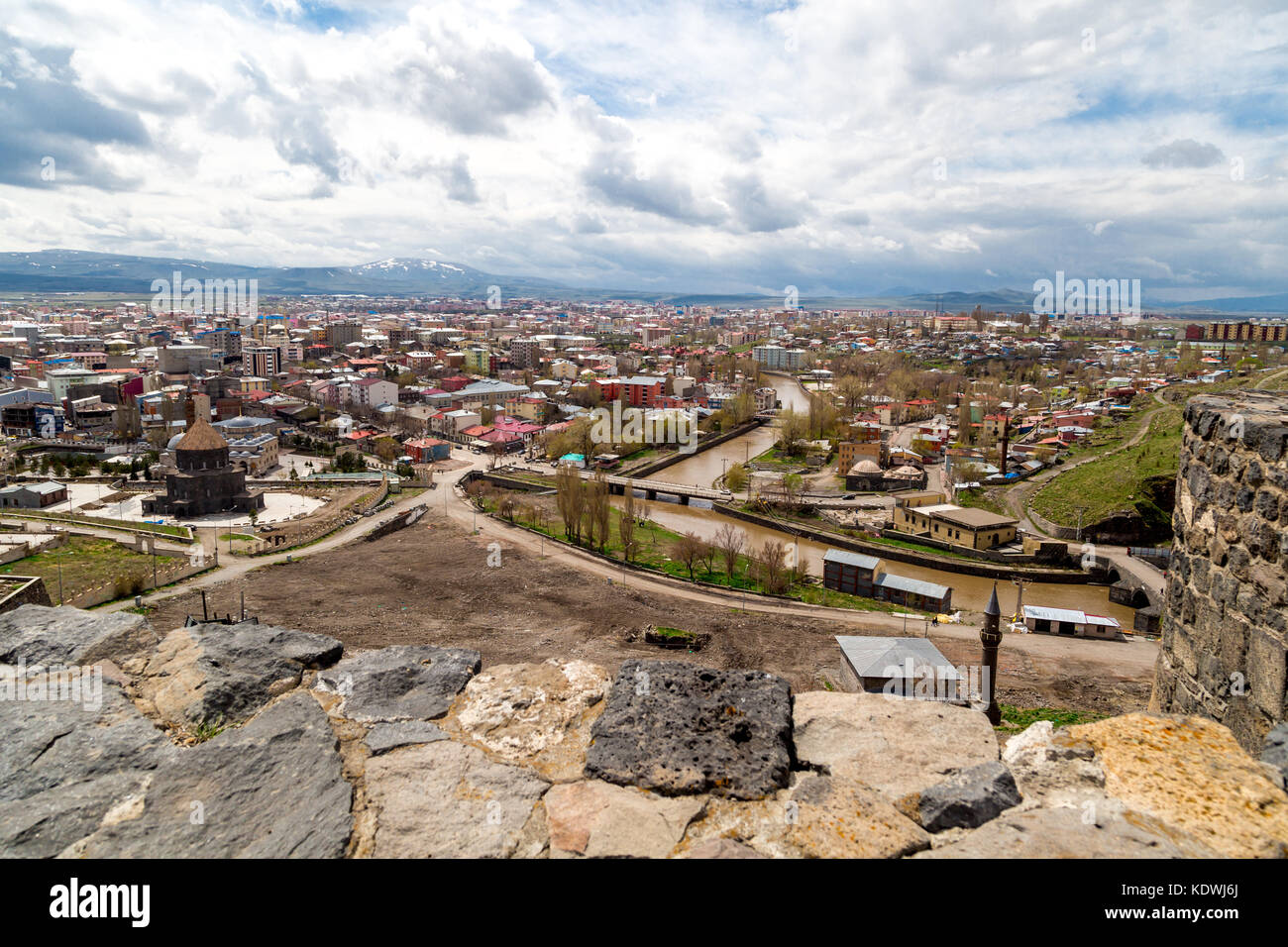 General cityscape view of Kars city from historical Kars Castle on ...