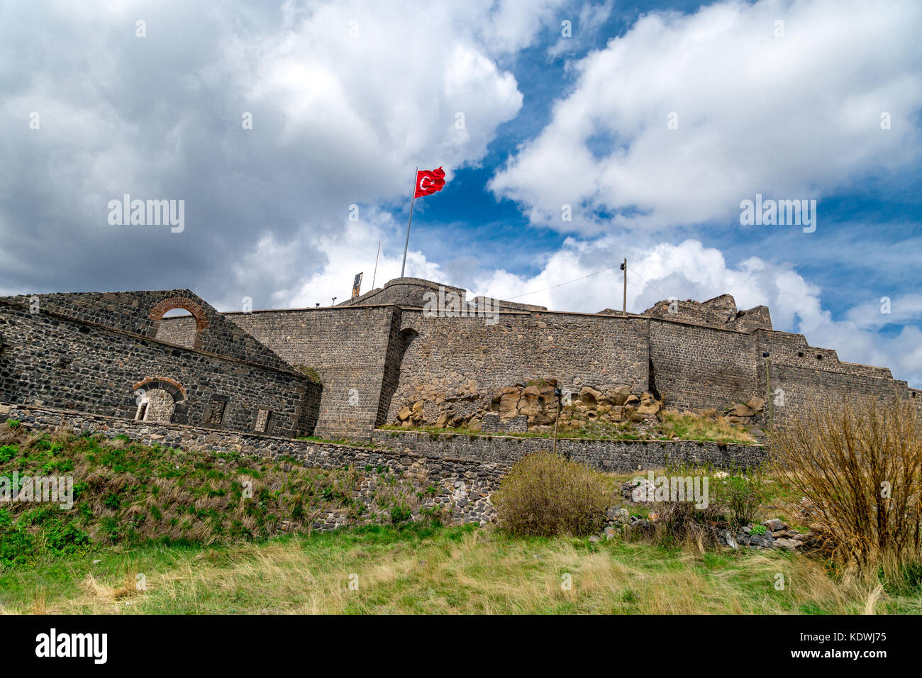 General bottom view of historical famous Kars Castle on meadow hill ...