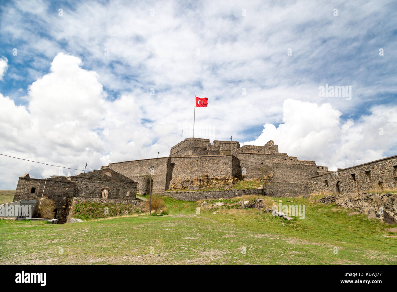 General bottom view of historical famous Kars Castle on meadow hill ...