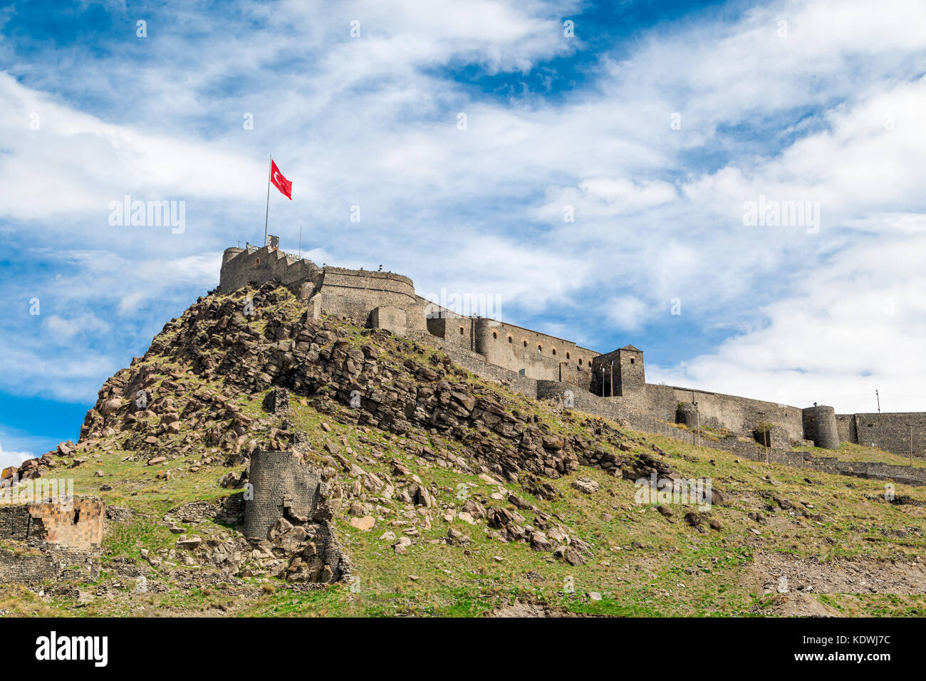 General bottom view of historical famous Kars Castle on meadow hill ...