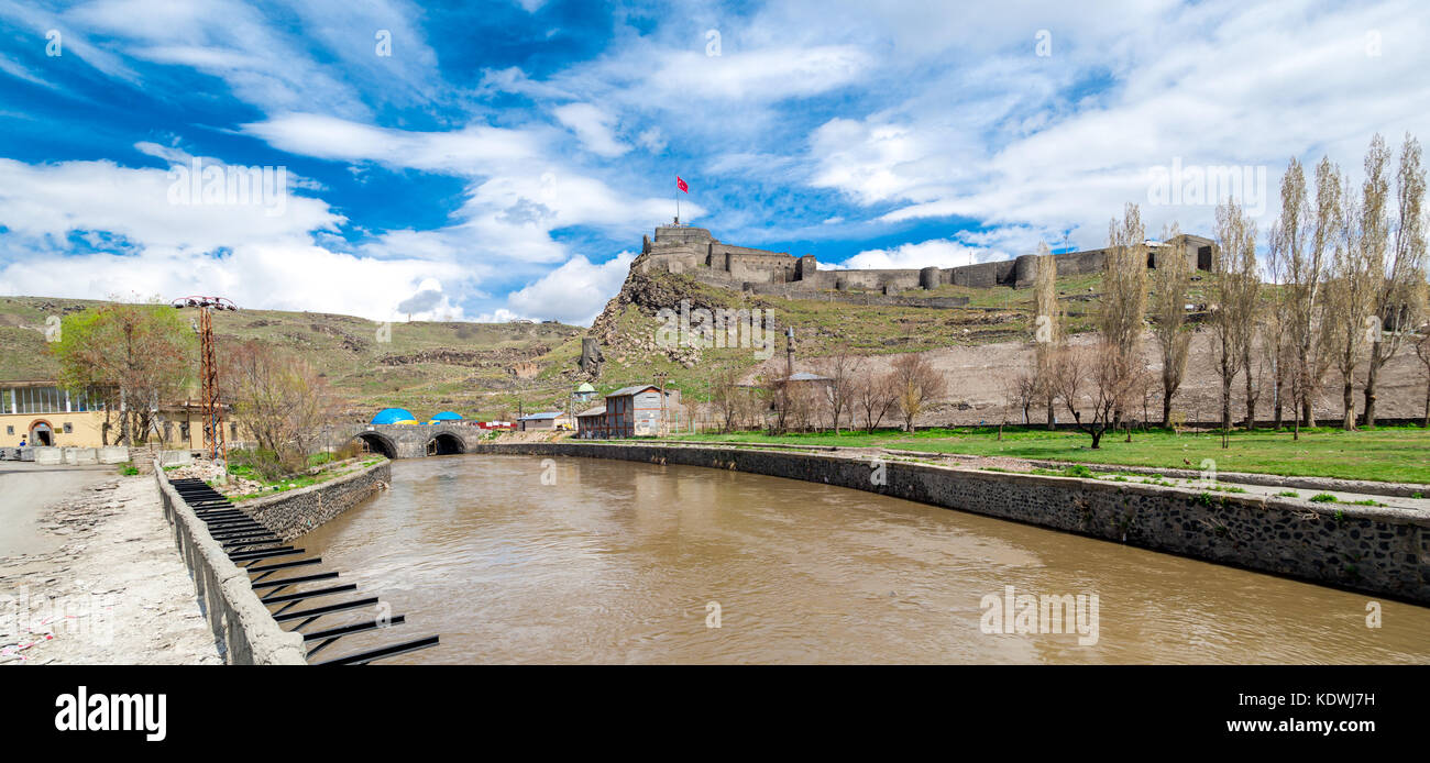 General view of Kars river with the scene of historical Kars Castle on ...