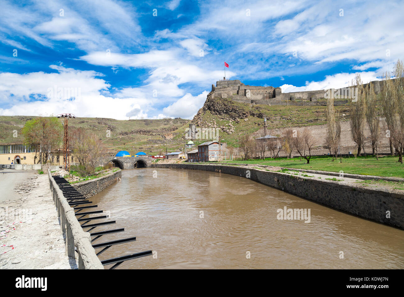 General view of Kars river with the scene of historical Kars Castle on ...