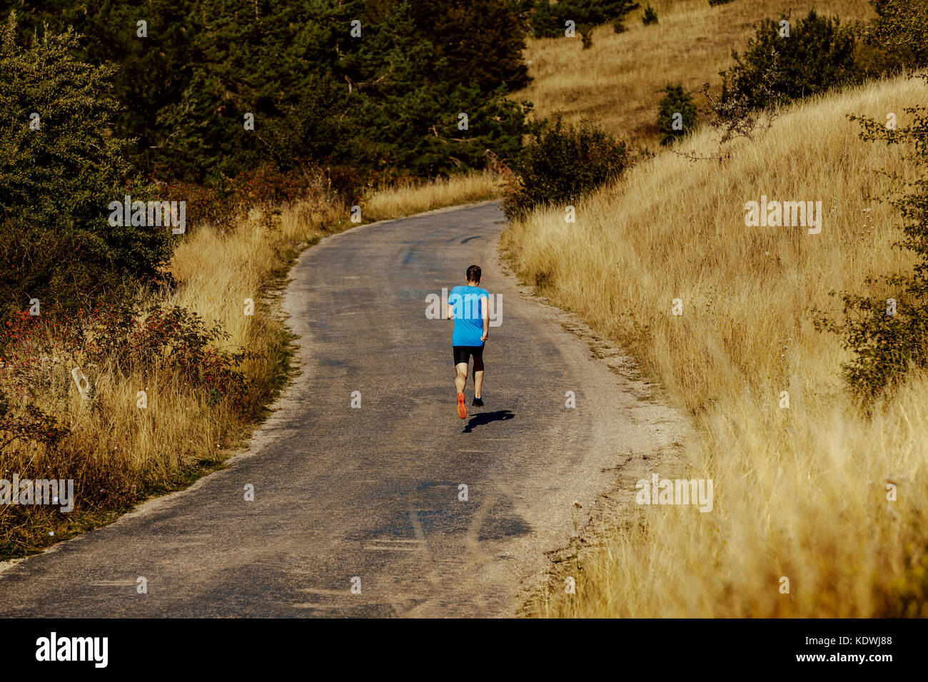 back male runner running on asphalt road among yellow grass Stock Photo ...