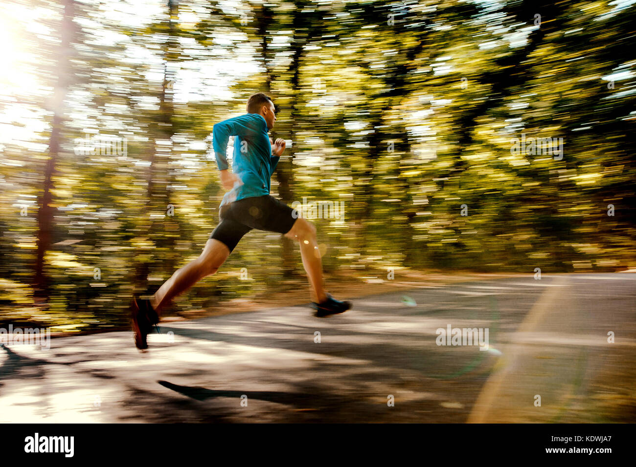 blurred motion male runner running on forest road in sunlight Stock ...