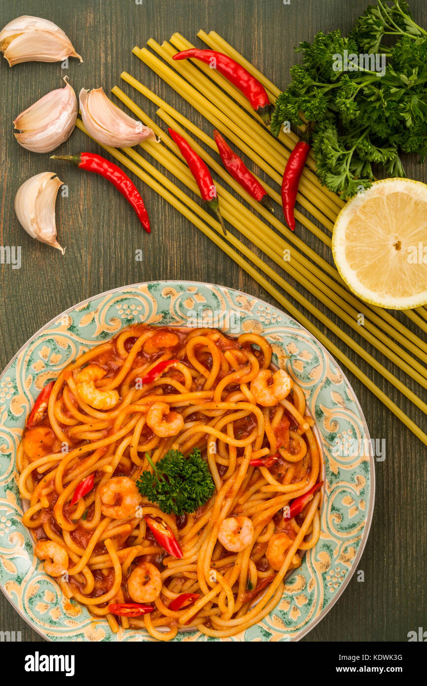 Italian Style Spicy Prawn or Shrimp Spaghetti In A Chilli Tomato Sauce ...