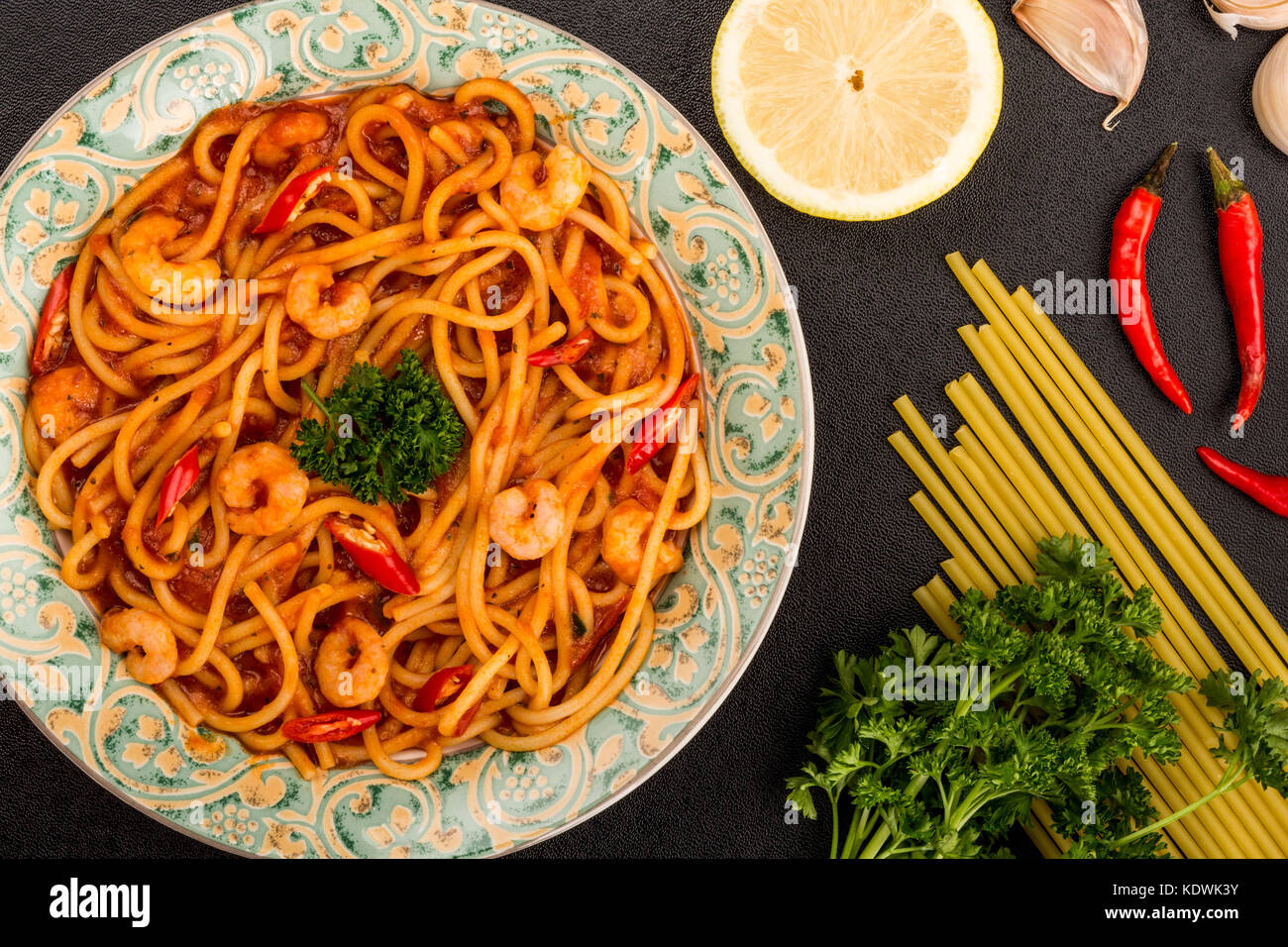 Italian Style Spicy Prawn or Shrimp Spaghetti In A Chilli Tomato Sauce ...
