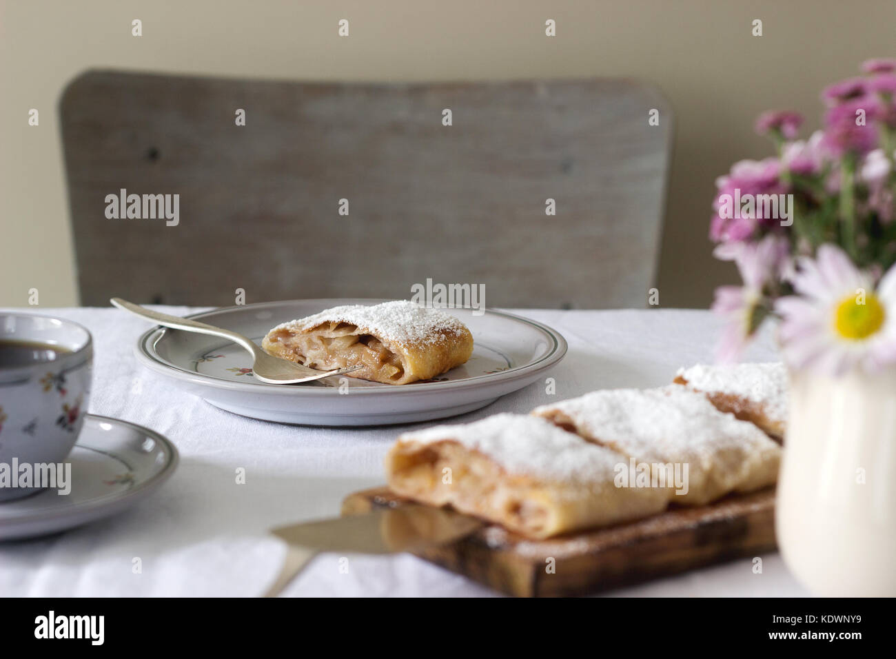 Strudel with apple-pear filling, served with tea. Traditional Austrian ...