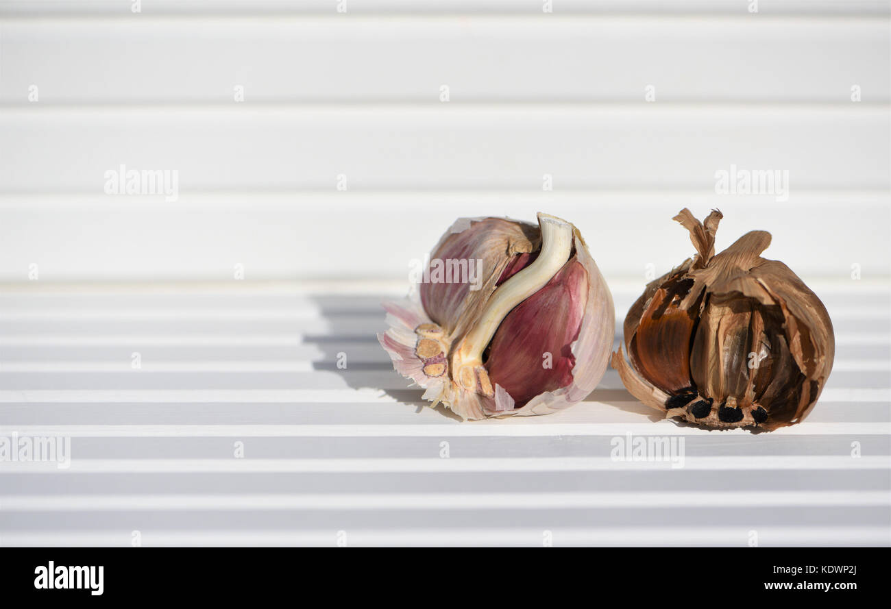 food photography image of black and white open garlic bulb and garlic ...