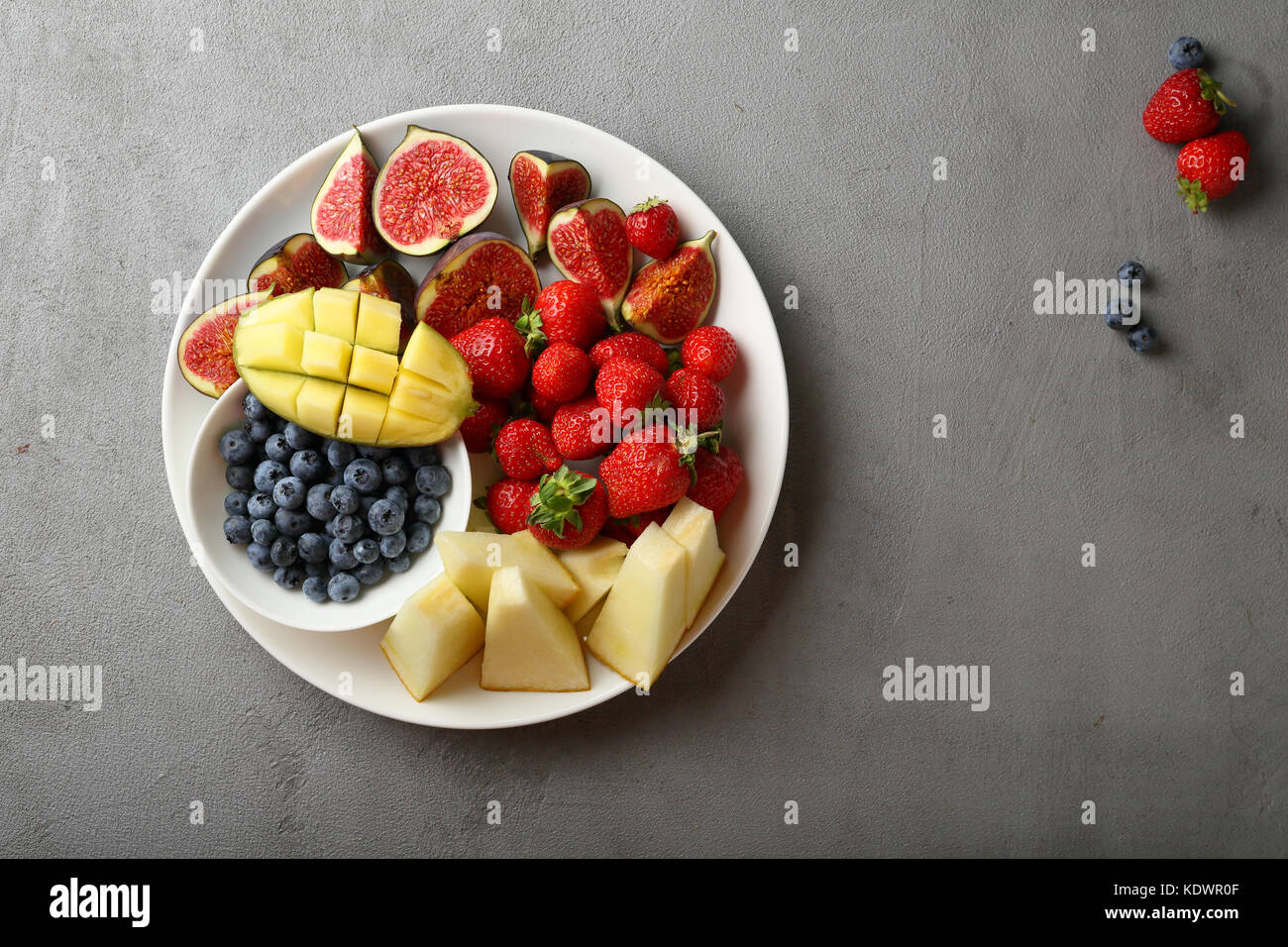Fruits breakfast plate, food above Stock Photo - Alamy