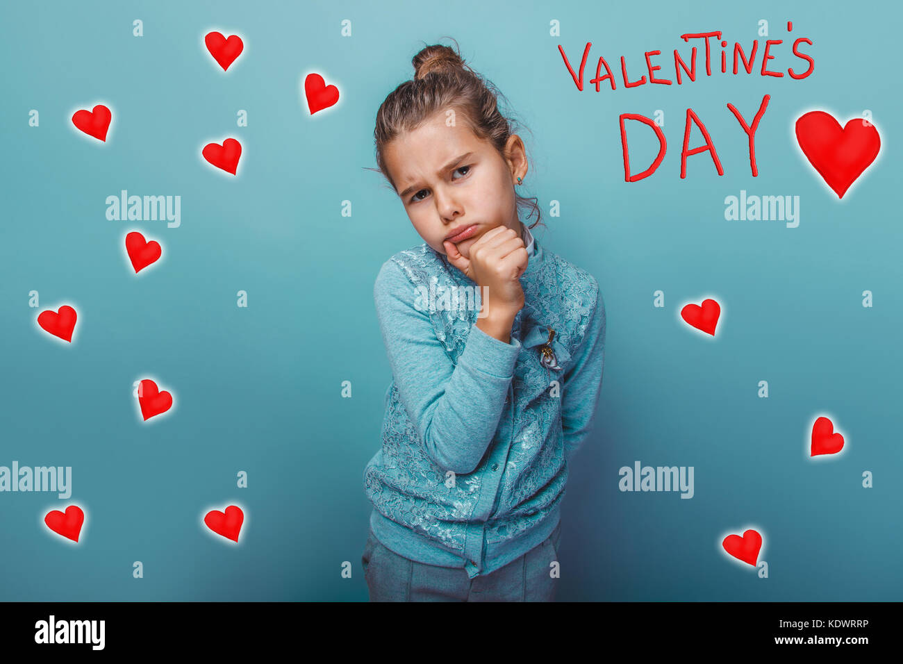 teen girl thought hand on chin Valentine's Day celebration carto Stock ...