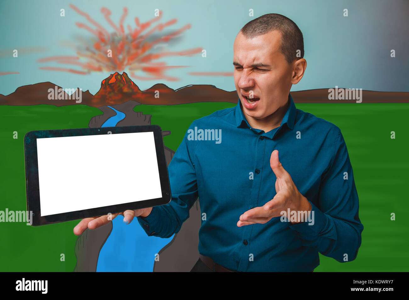 a male clothing business style twisted face and hand points to t Stock ...