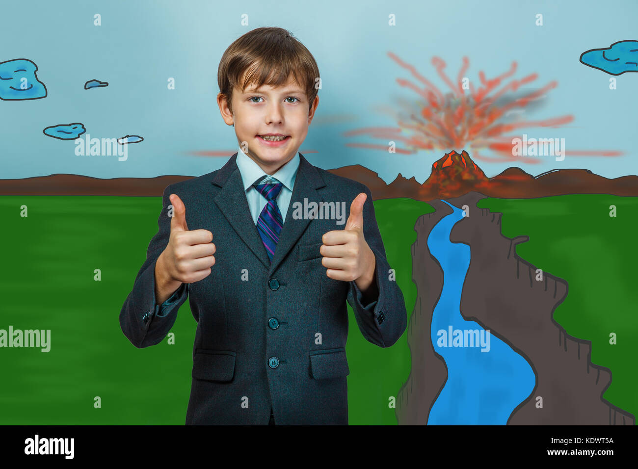 Teenage boy in a jacket shows the hand sign yes and smiles erupt Stock ...