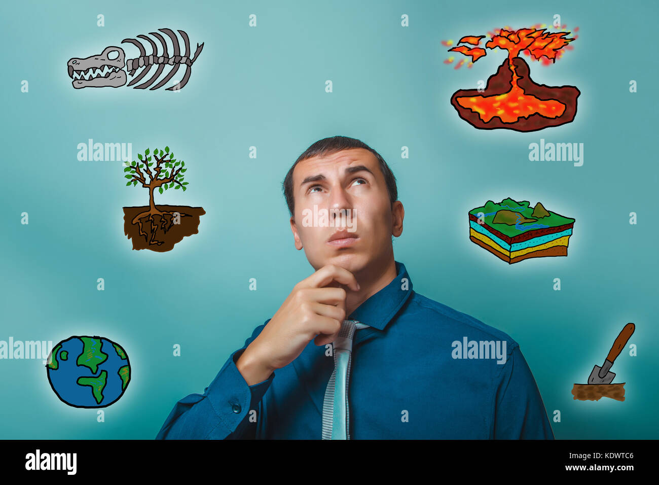 Male businessman thinking holding a chin science of geology sket Stock ...
