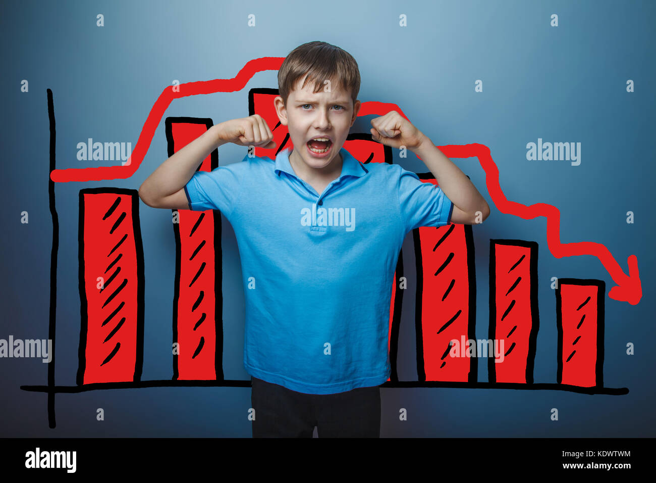 Teen boy screaming showing strength hands businessman chart cris Stock ...