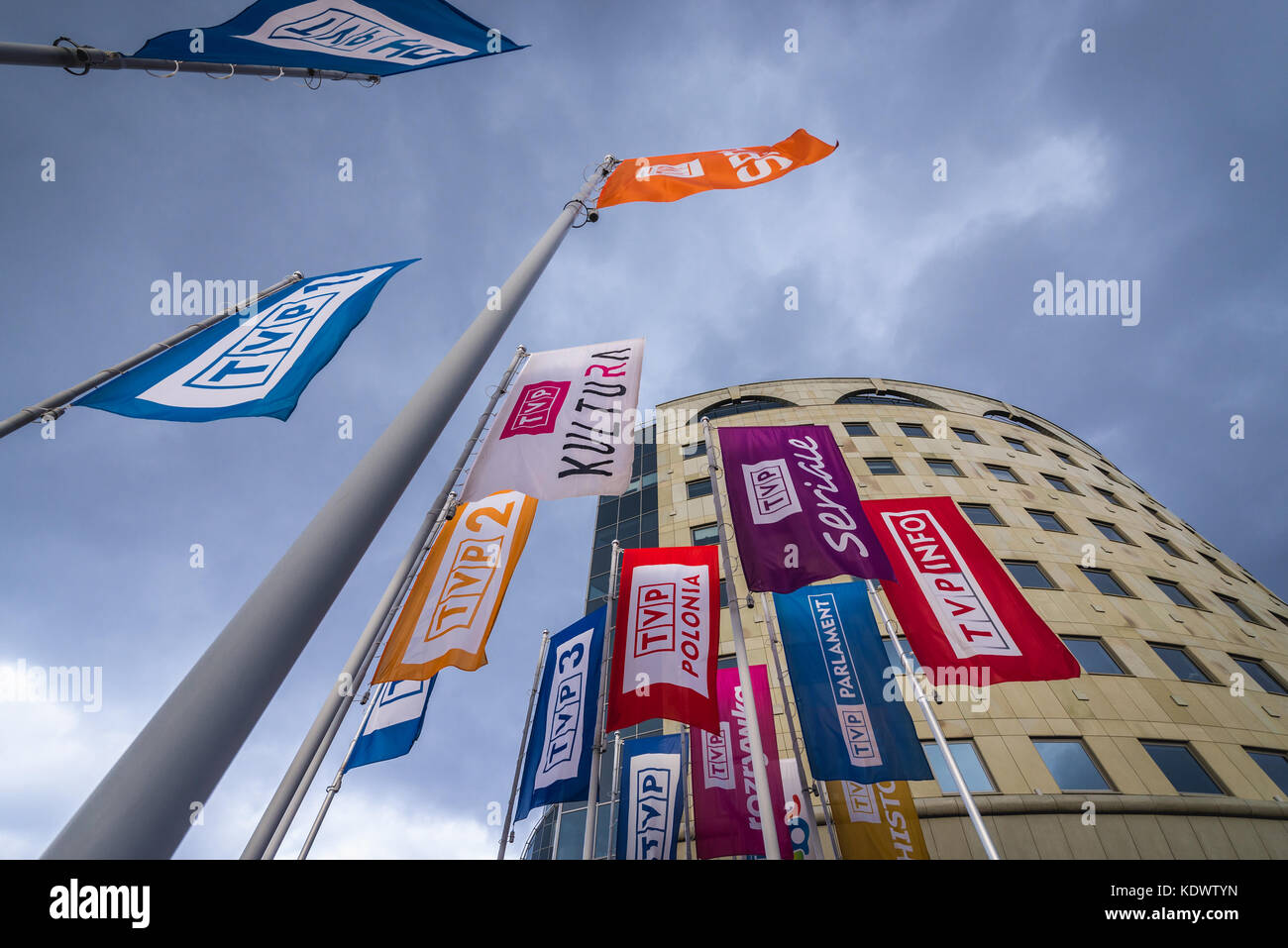 Flags in front of main headquarters of Polish Television (Telewizja ...