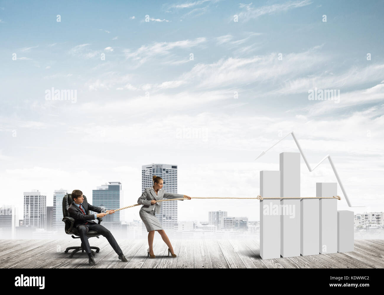Businesspeople pulling graph with rope as symbol of power and control ...