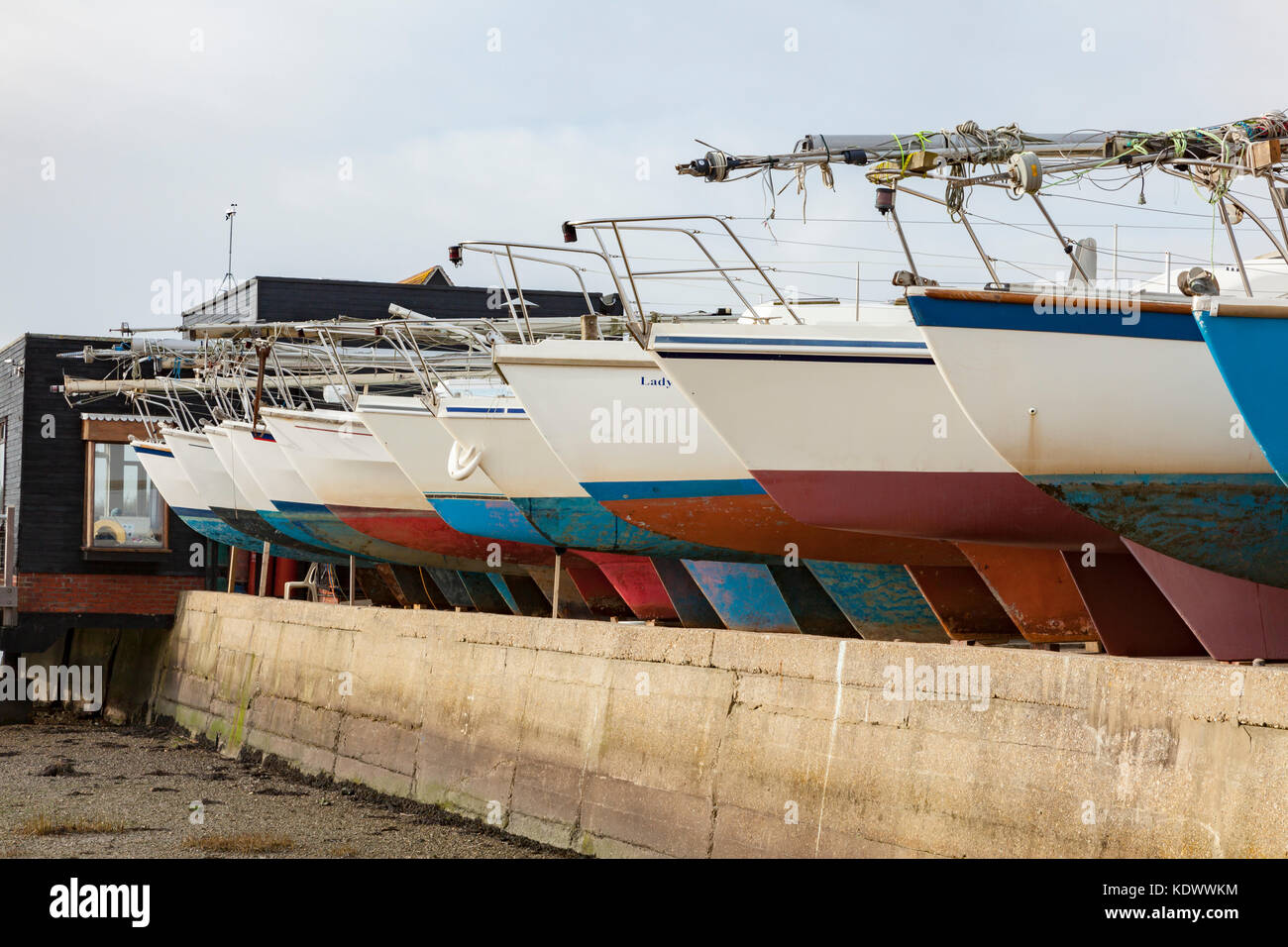 Yachts lined up in storage at Dell Quay Sailing Club, Dell Quay ...
