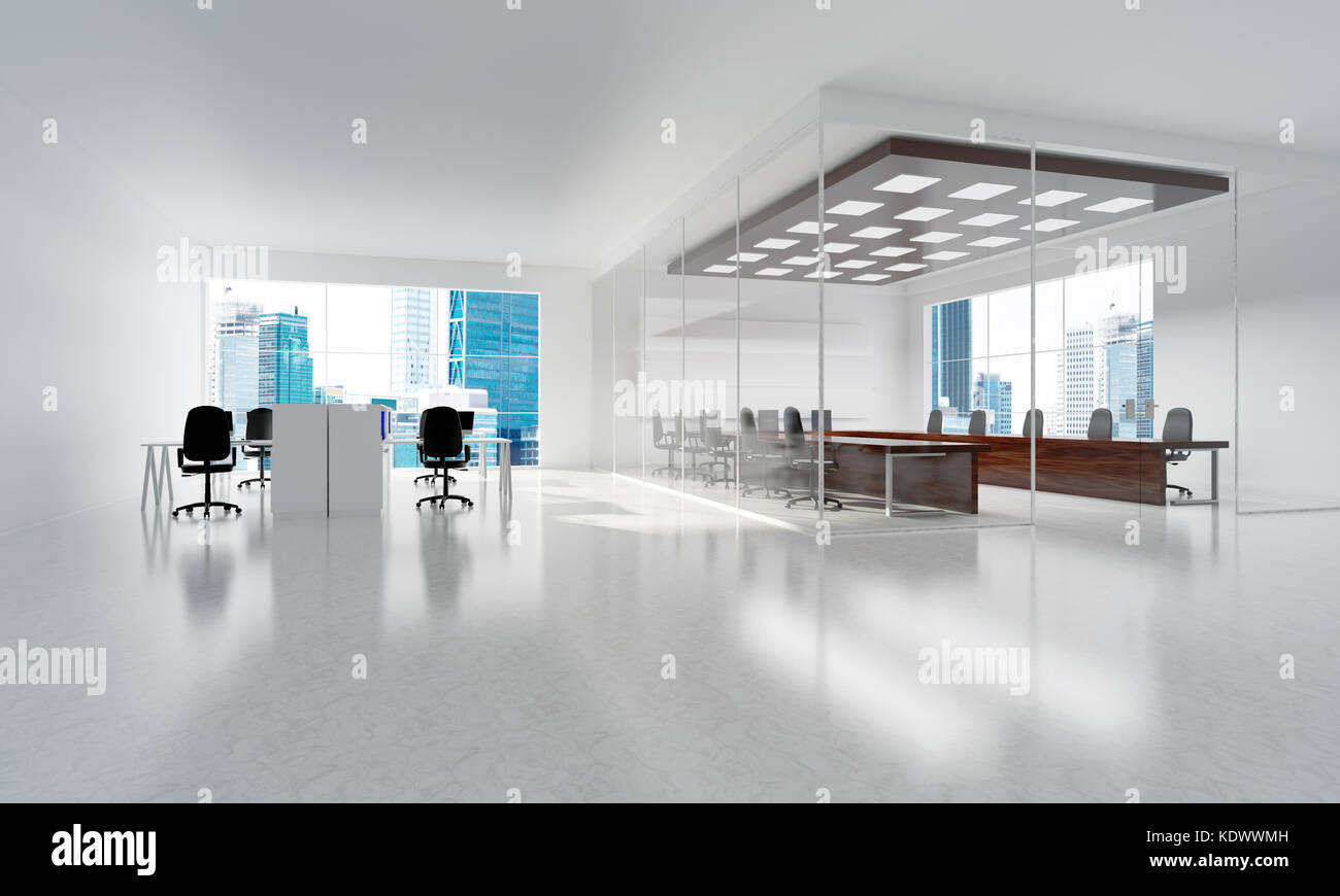 Office interior design in whire color and rays of light from window ...
