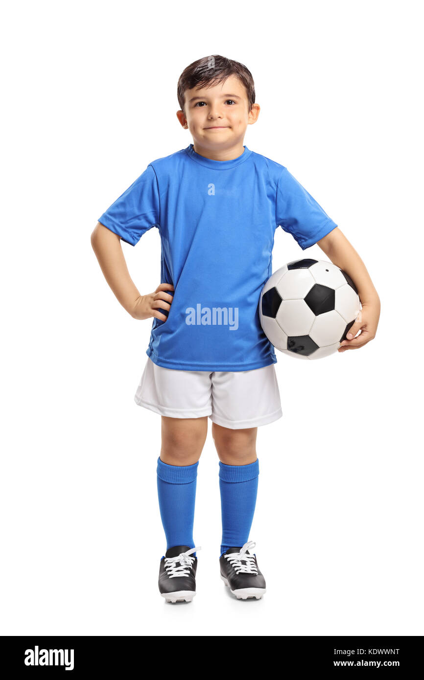 Full length portrait of a little footballer isolated on white ...
