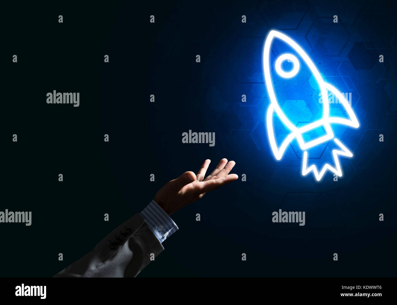 Man palm presenting Rocket web icon as technology concept Stock Photo ...