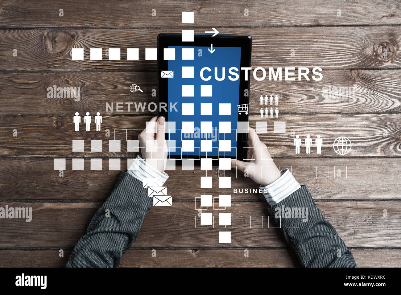 Business workplace with tablet device coffee cup and media user ...