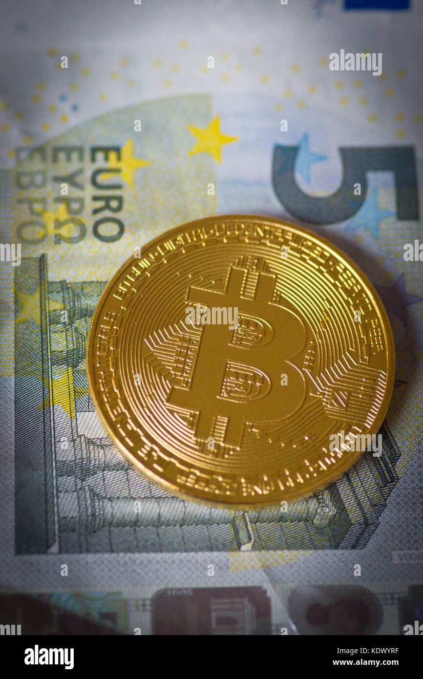 Bitcoin replica and Euro coins Stock Photo - Alamy