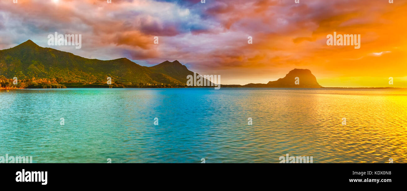 Amazing landscape. View of Le Morne Brabant at sunset. Mauritius island ...