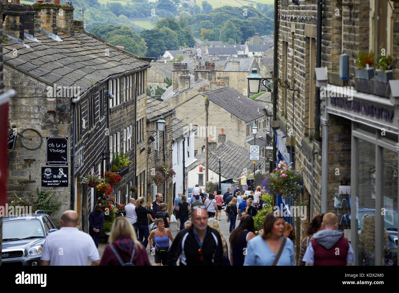 Pennines village, Haworth in West Yorkshire, England. tourists mingle ...