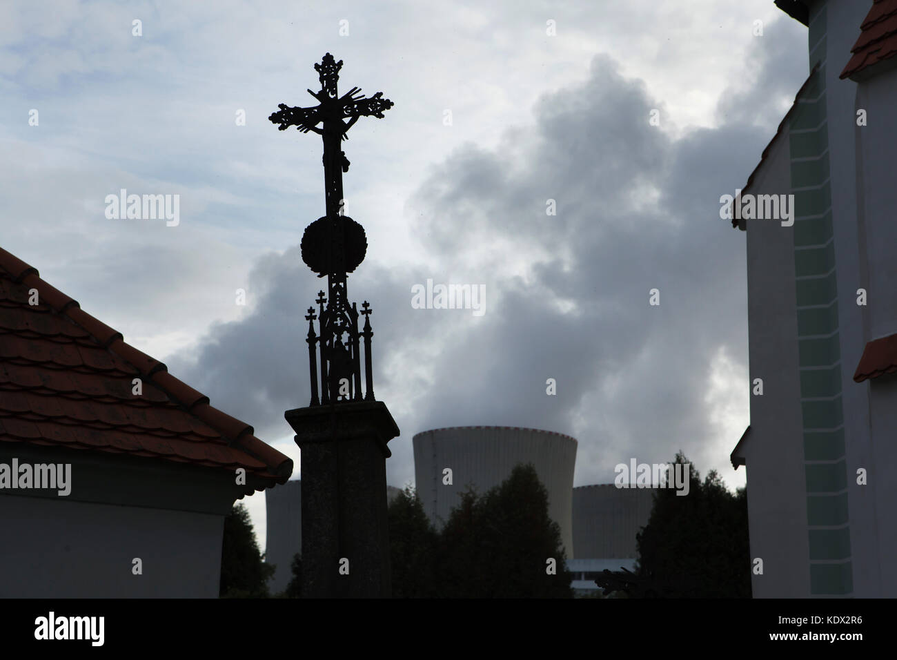 Crucifix at the cemetery in the abandoned village of Křtěnov next to ...