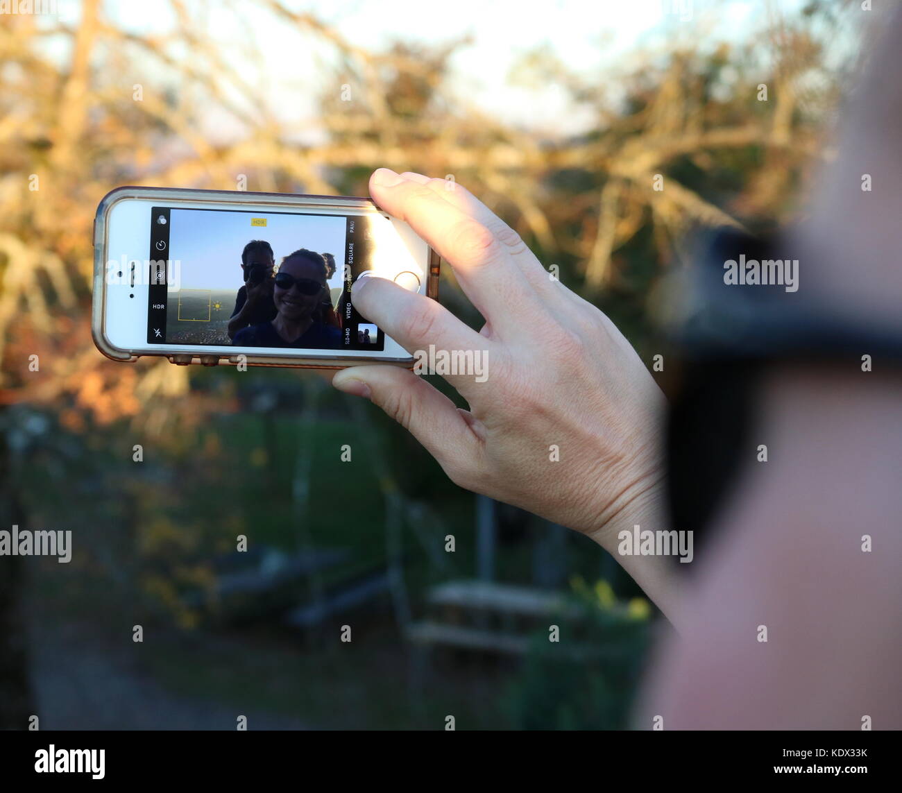 Selfie on Mobile Telephone being held in hand Stock Photo - Alamy