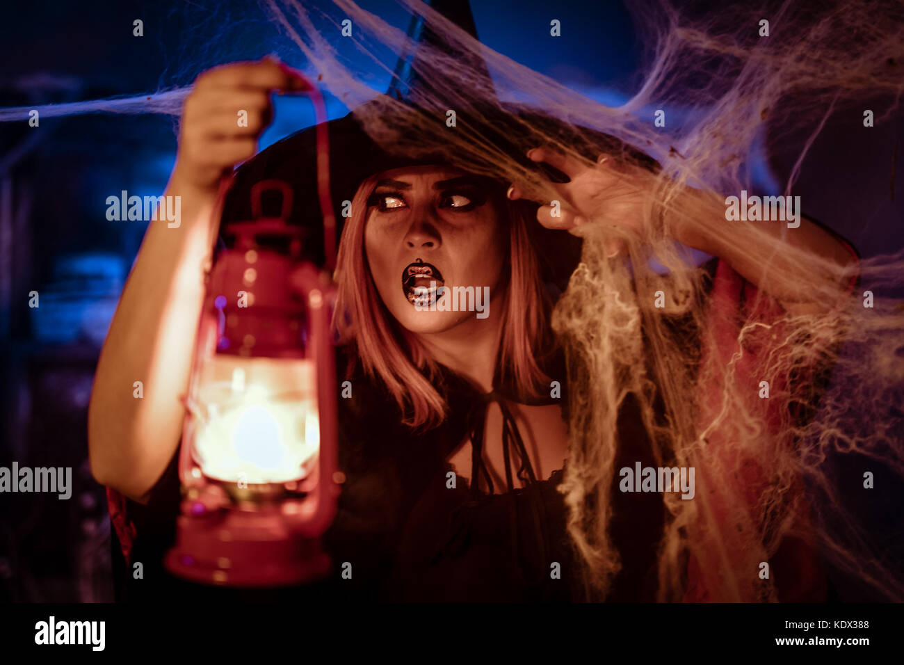 Witch with lighted lantern in her hand in creepy cobweb surroundings is ...
