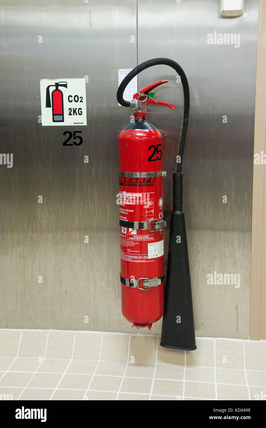 C02 fire extinguisher on a container ship Stock Photo - Alamy