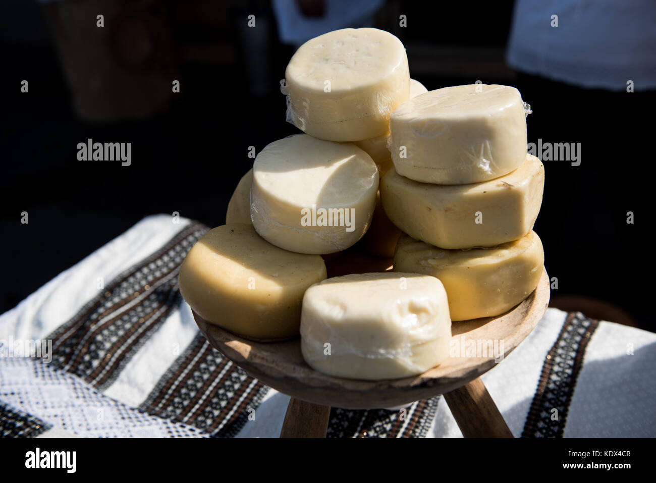 Handmade cheese in farmer's market. Transylvania, Romania Stock Photo ...