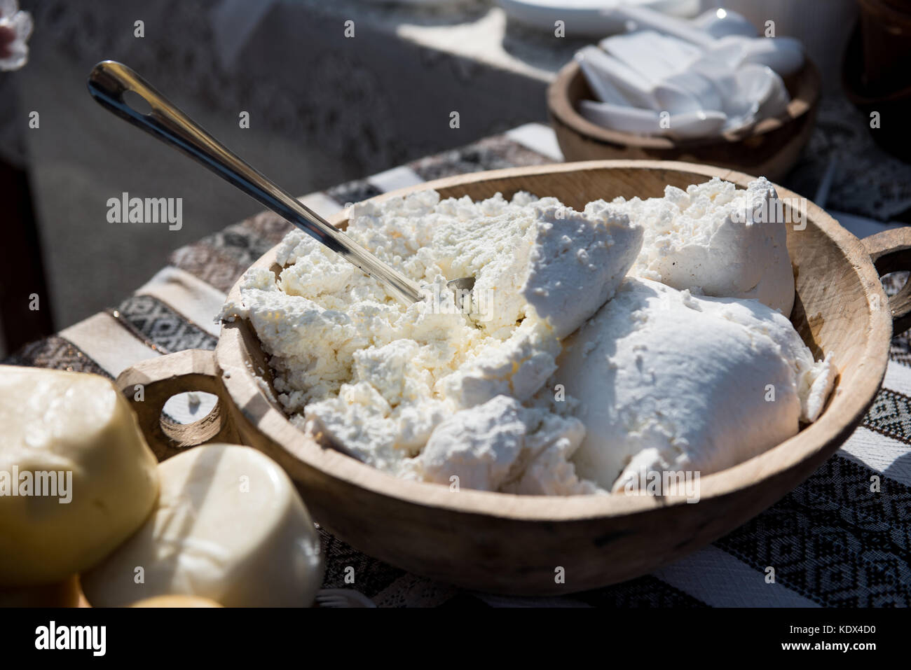 Handmade farm cheese in farmer's market. Transylvania, Romania Stock ...