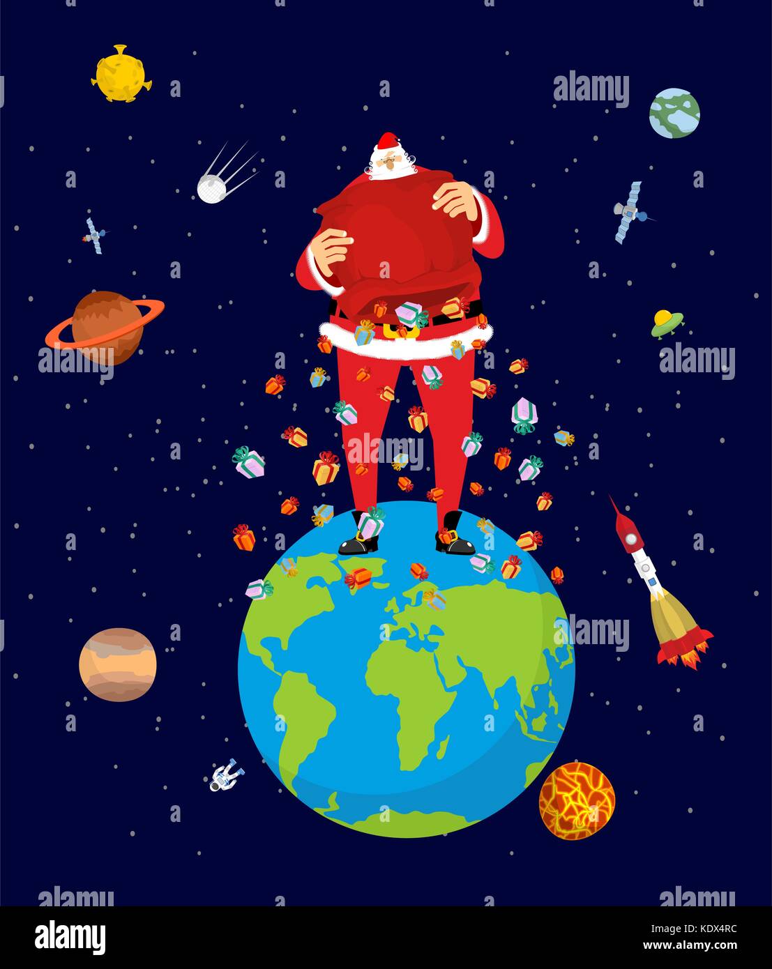 Big Santa Claus on Earth. Christmas on planet. Big red bag and many ...