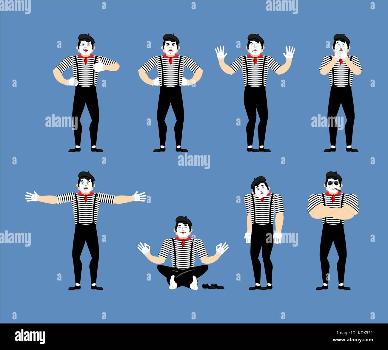 Mime set. Pantomime sad and yoga. bewildered and angry. Mimic happy ...