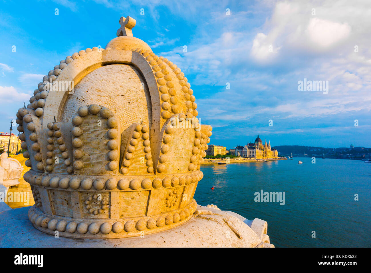 Budapest Danube, view of a huge stone King Stephen's crown on the ...