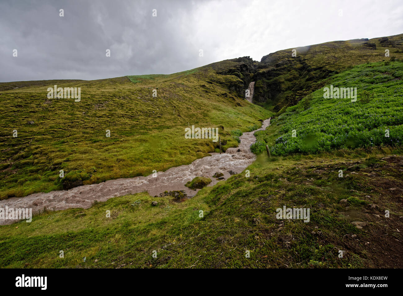 Seljalandsfoss waterfall plunging 60m from the cliff above, Sudhurland ...