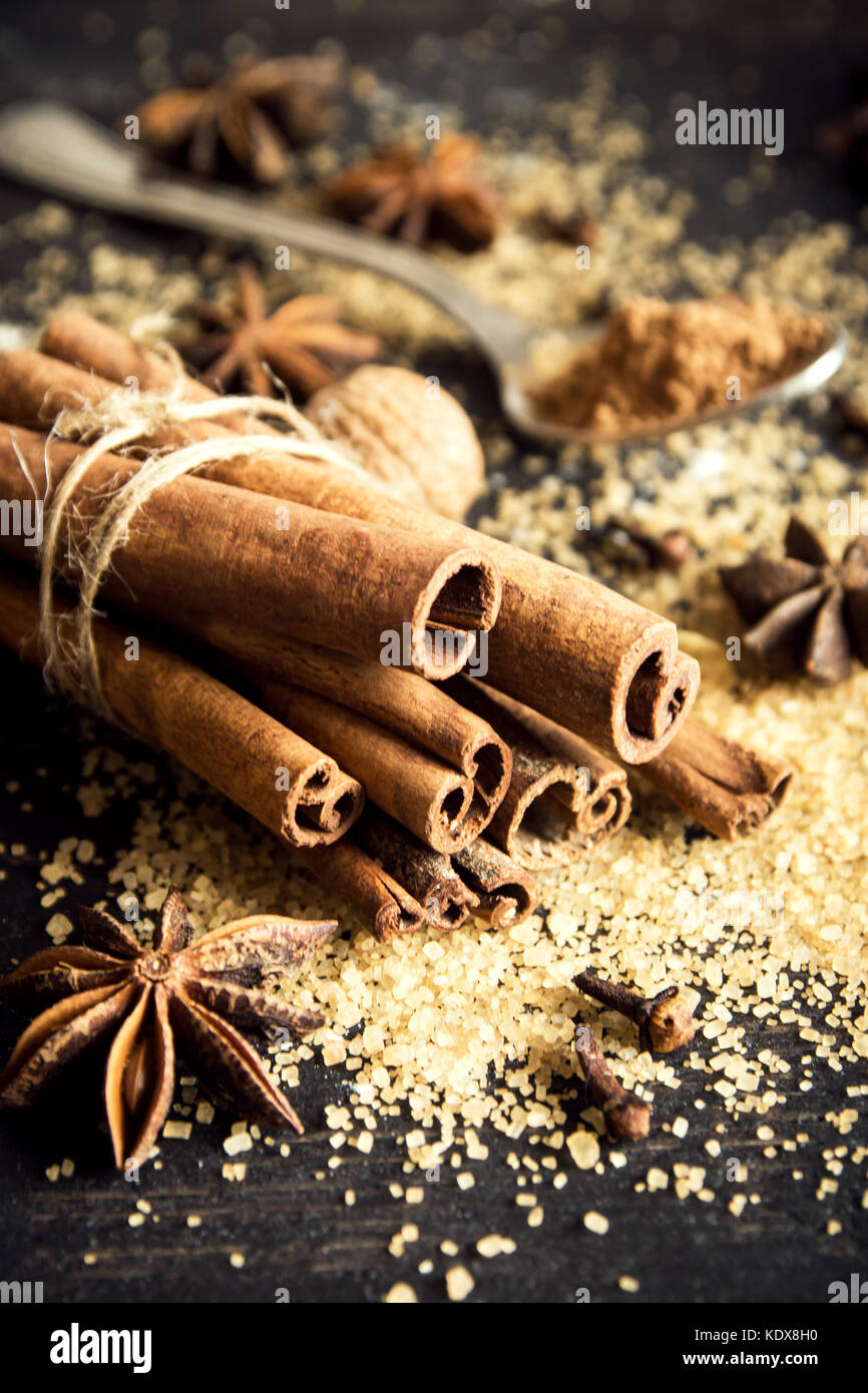 Christmas spices and baking ingredients. Cinnamon sticks, anise stars ...