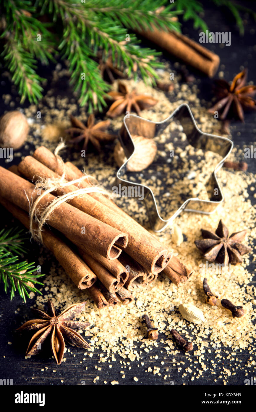 Christmas spices and baking ingredients. Cinnamon sticks, anise stars ...