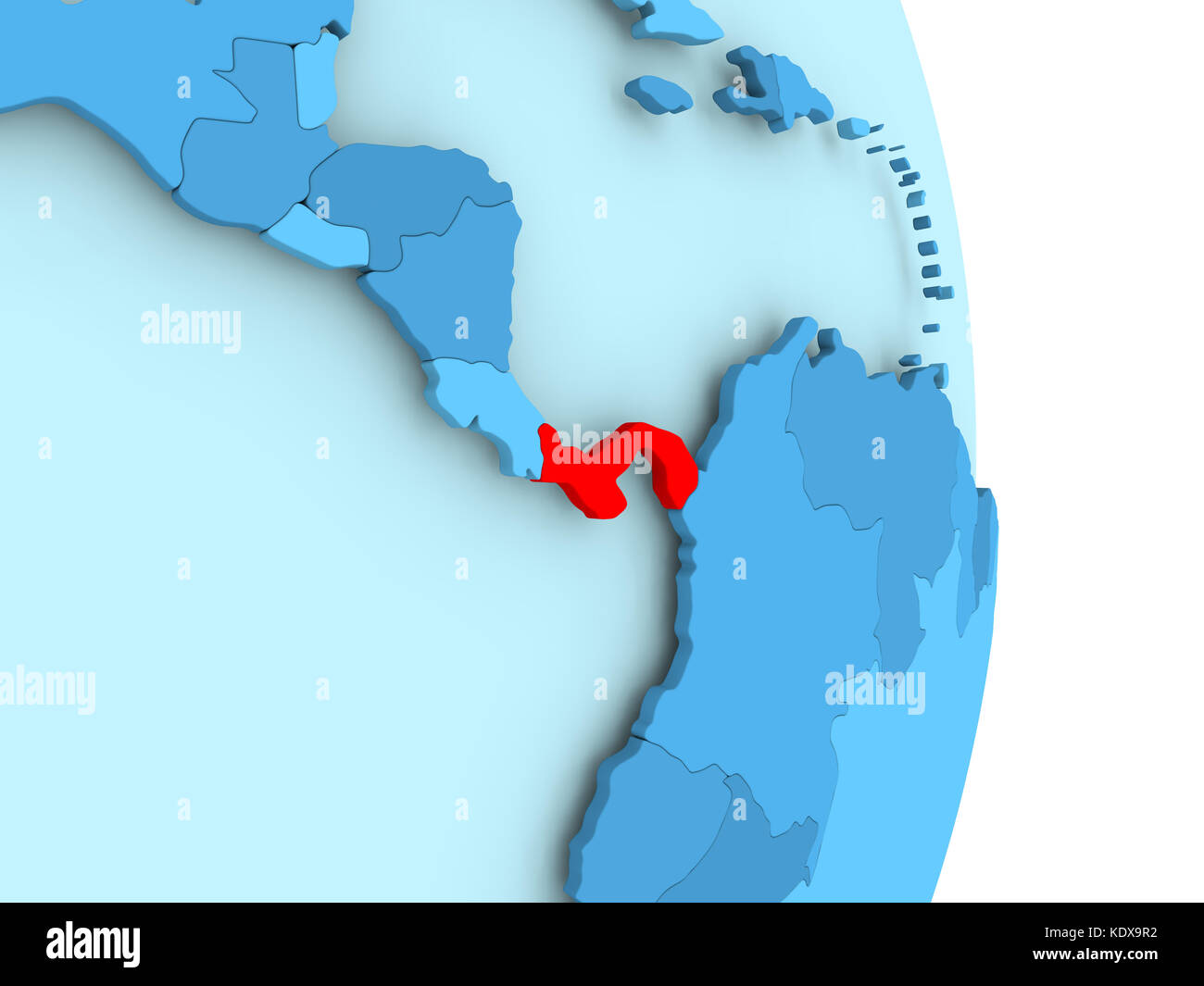 Panama in red on simple blue political globe with visible country ...
