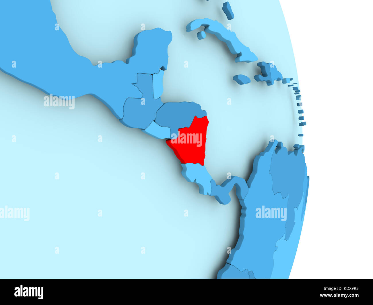 Nicaragua in red on simple blue political globe with visible country ...